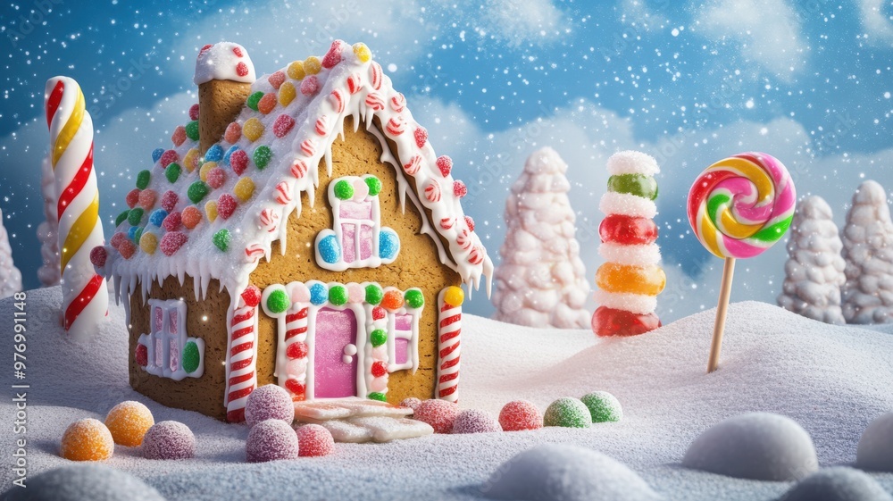 Gingerbread house with a whimsical candy land design, featuring bright ...