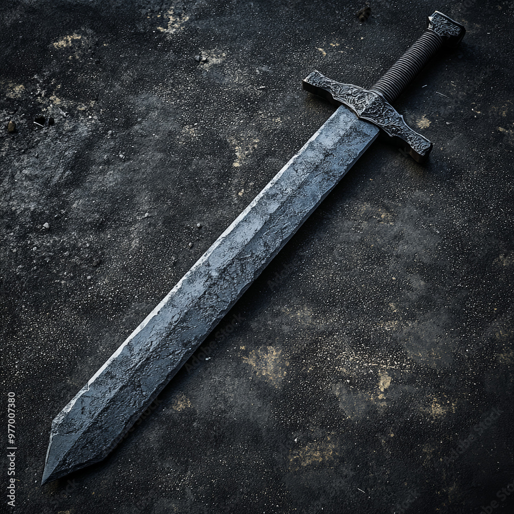 Dark sword of terror and despair. Wide blade. Black blade. Sparkling ...