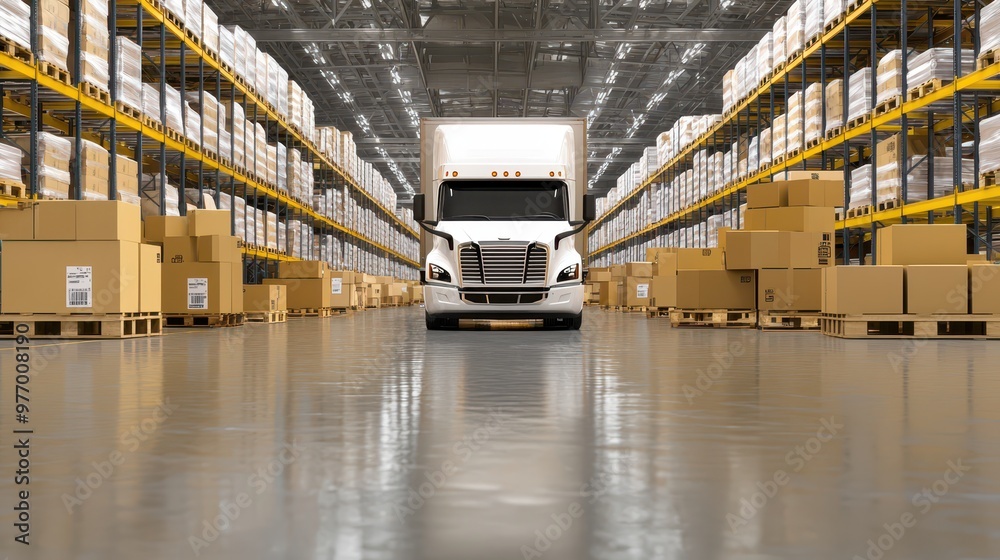 Semi Truck Inside a Warehouse with Cargo Pallets Stock Illustration ...