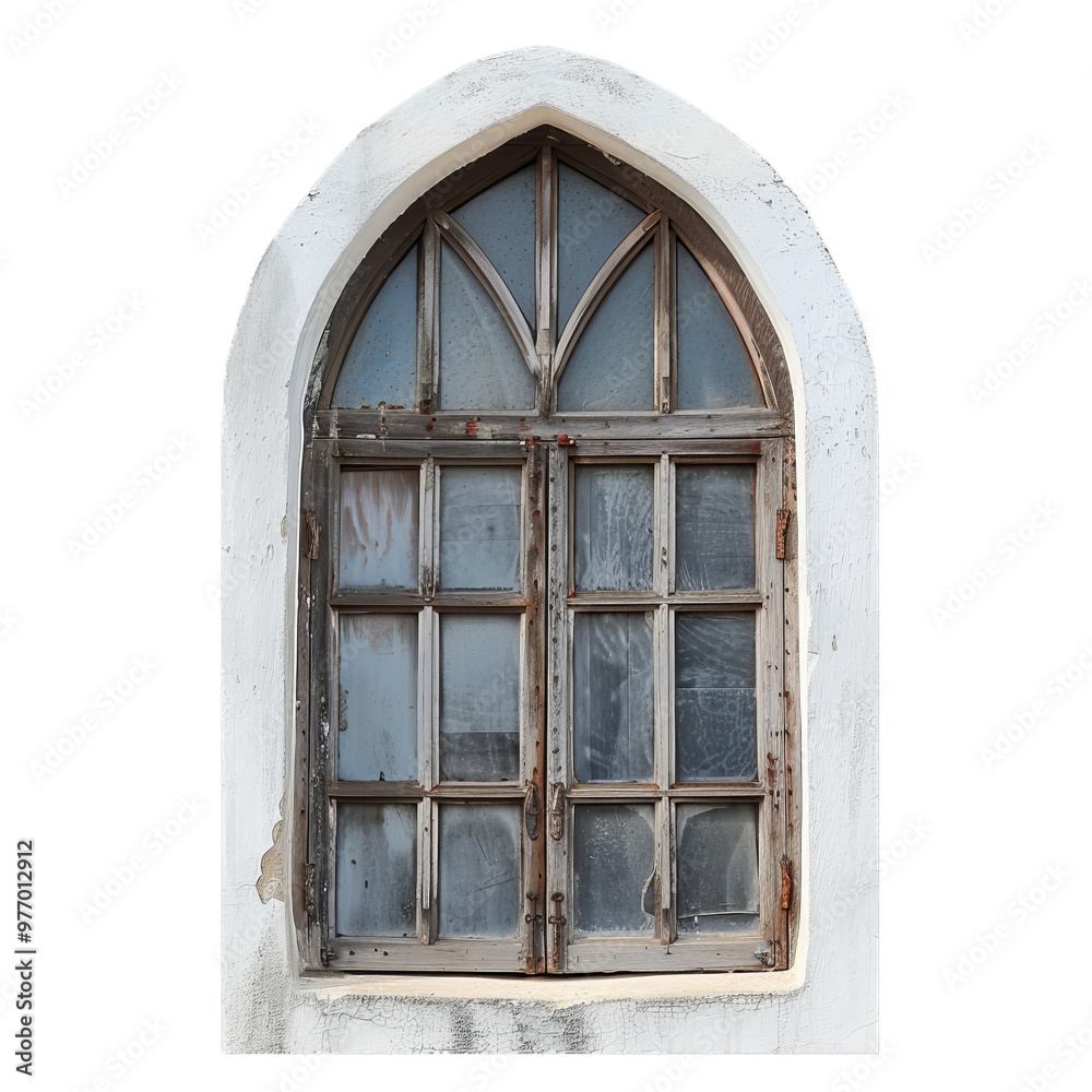 Old arched wooden window with weathered glass panes is set into a white ...