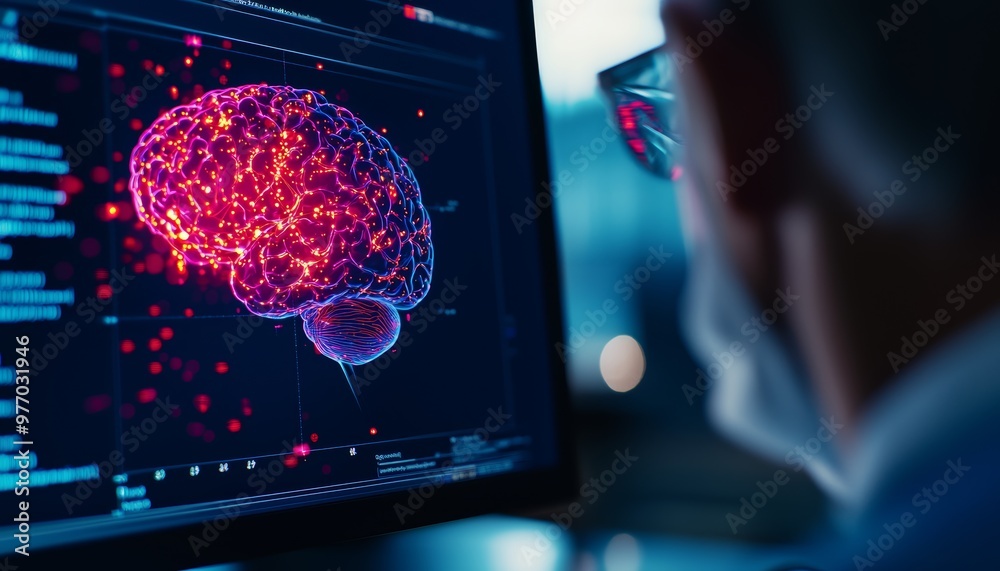 A scientist using AI to map the human brain in real-time, illustrating ...