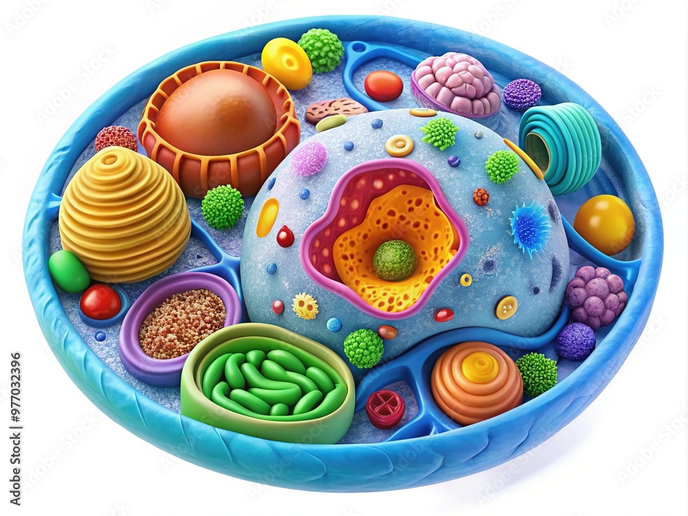 Colorful illustration of a eukaryotic cell with labeled organelles ...