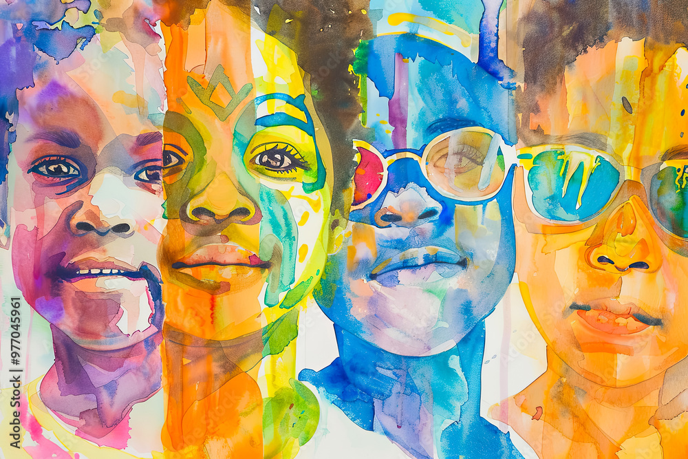 Vibrant watercolor illustration of children's faces painted with ...