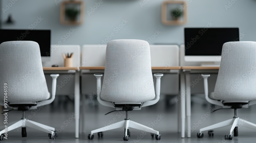 An open office setting showcasing multiple ergonomic chairs facing ...