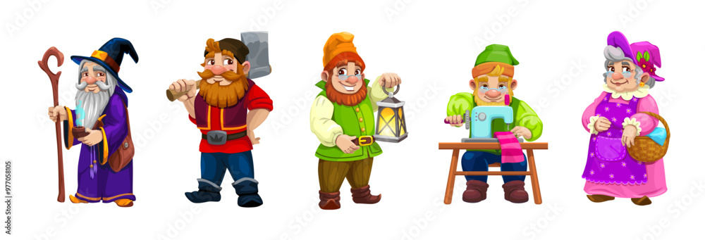 Cartoon gnome dwarf characters of miner, lumberjack and tailor, vector ...