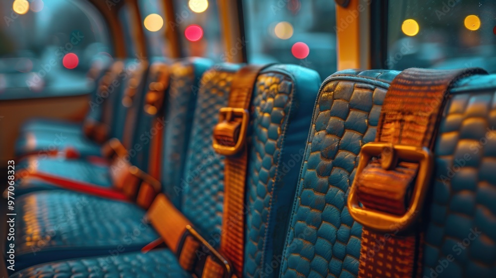 Empty retro bus interior showcasing vibrant blue seats with unique ...