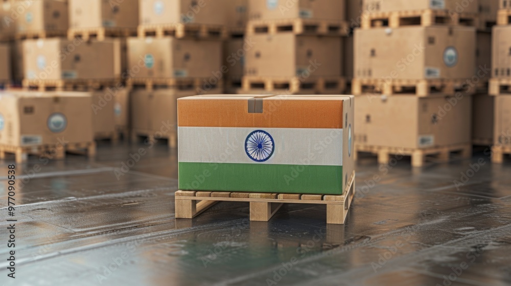 Closeup of wooden pallet with Indian flag on box. Flag colors and ...