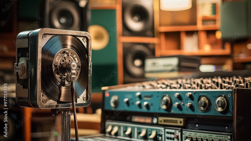 An old-school reel-to-reel audio tape recorder with spools and a ...
