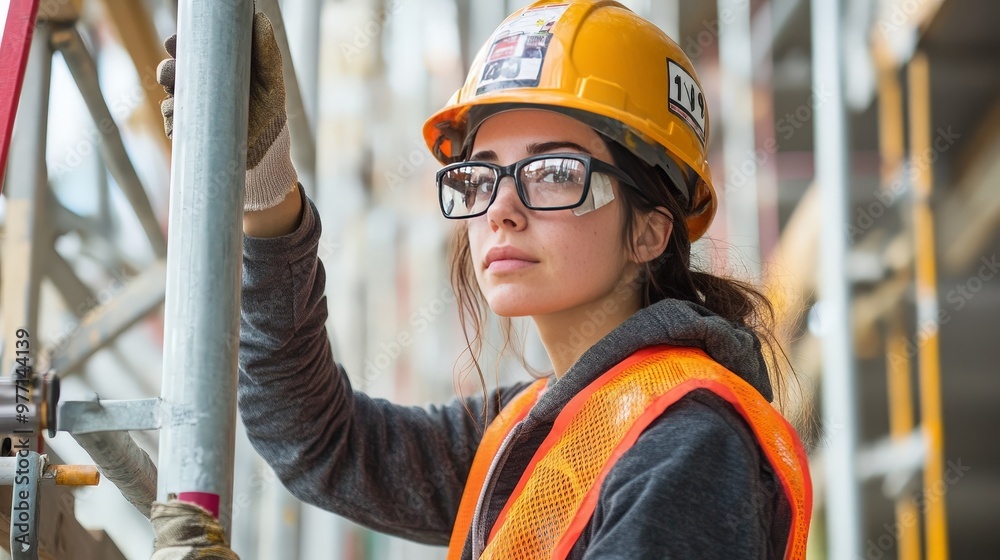 Visualize a woman construction worker setting up scaffolding, showing ...