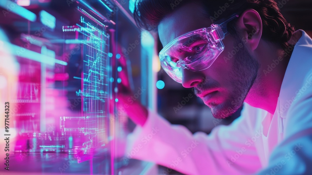 Engineer examining product prototypes with holographic quality control ...