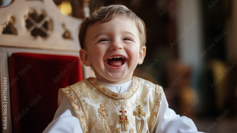 Baby in priest costume. Child catholic priest, pastor. Baby laughs and ...