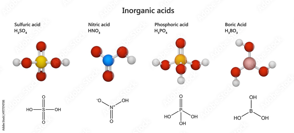 Set of inorganic acids: Sulfuric acid, nitric acid, phosphoric acid ...