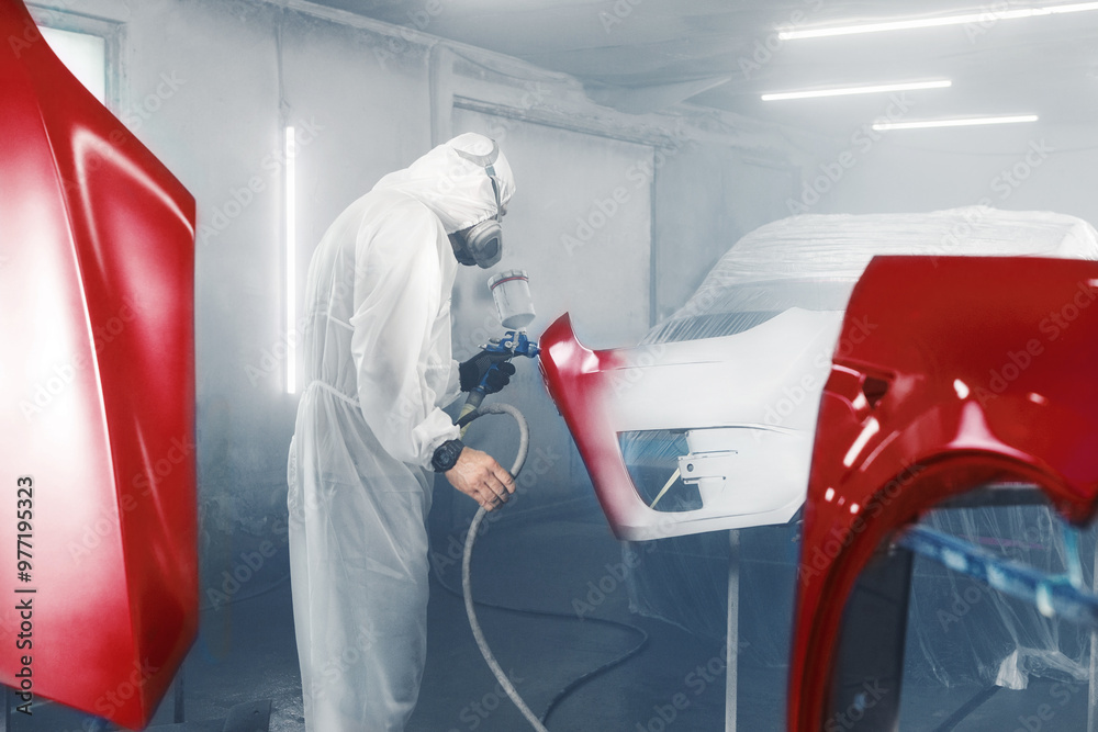 Car paint worker spraying red paint to car body element using spray gun ...