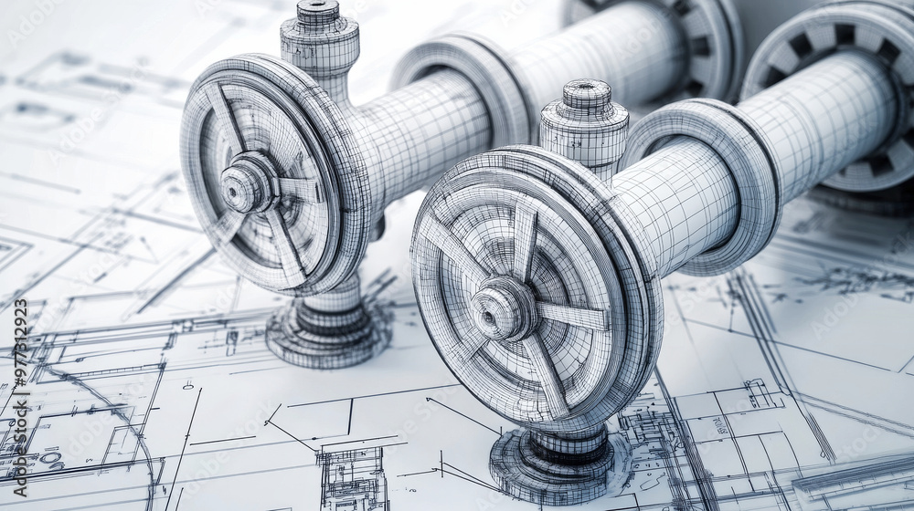 Industrial pipe, valve and handwheel in a 3d wireframe projection ...