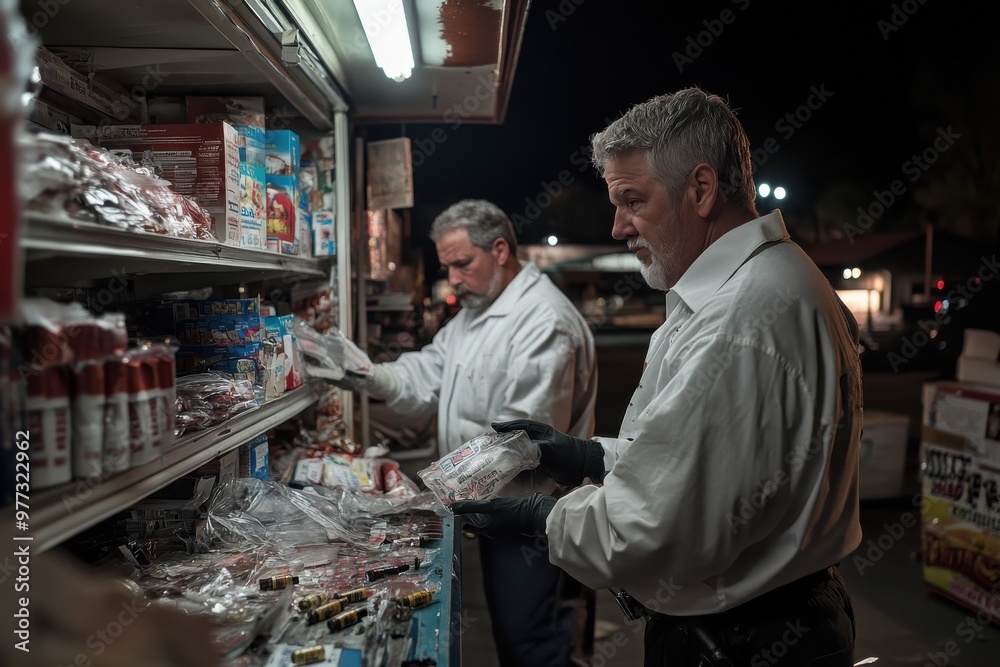 Two men wearing work uniforms methodically inspect food supply packages ...