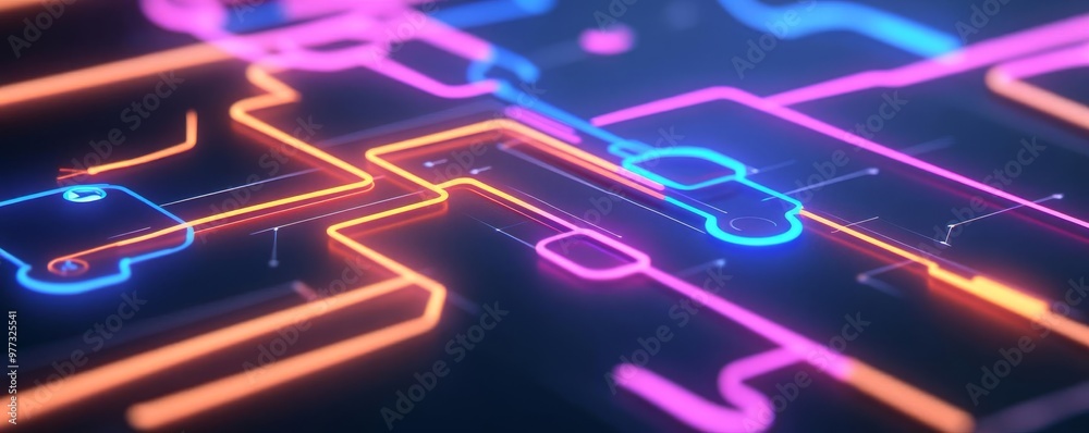Interactive UI design flowchart tools, neon holograms, sleek tech ...