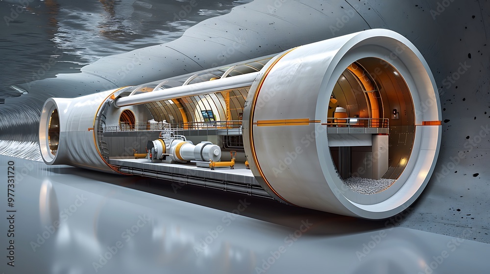 ภาพประกอบ Stock Hyperloop underwater tunnel, cross-section view: A ...
