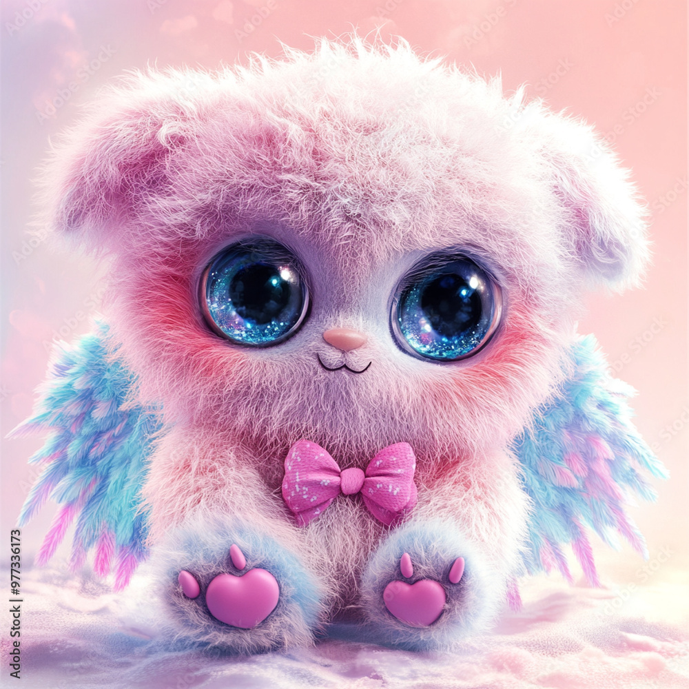 This adorable cartoon character features small, fluffy creature with big, sparkling eyes and ...