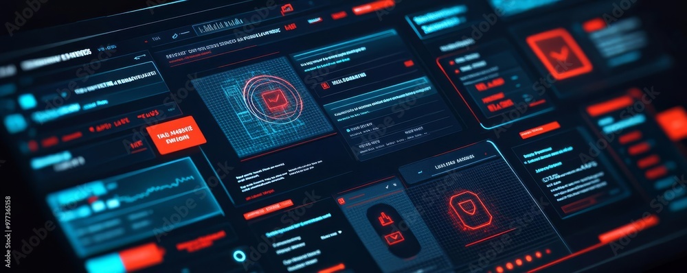 Cybersecurity dashboard UI, dark theme with red and blue highlights, real-time threat alerts ...