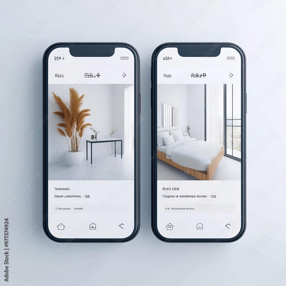 Real estate app UI, light design, large images, seamless navigation ...