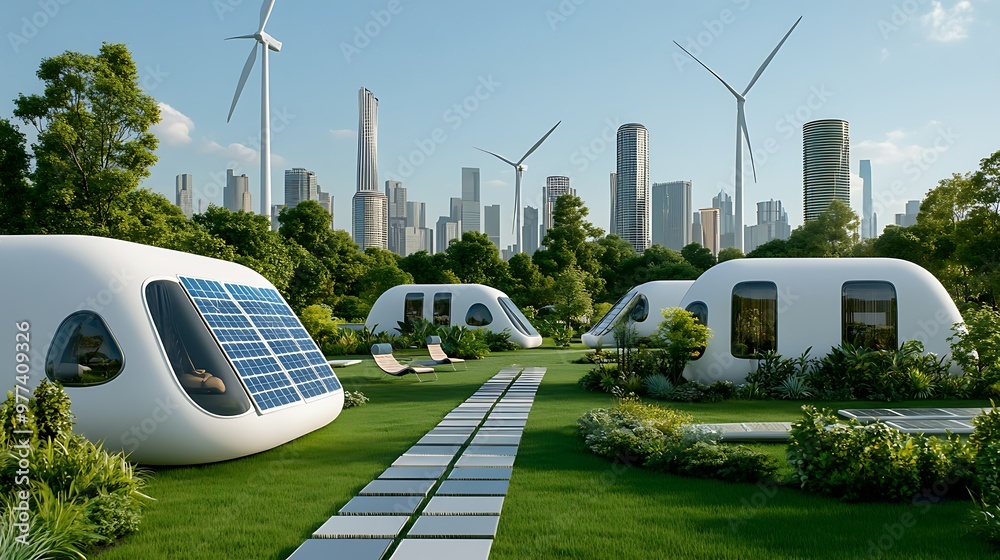 Solar panels, wind turbines, and futuristic buildings combined to ...