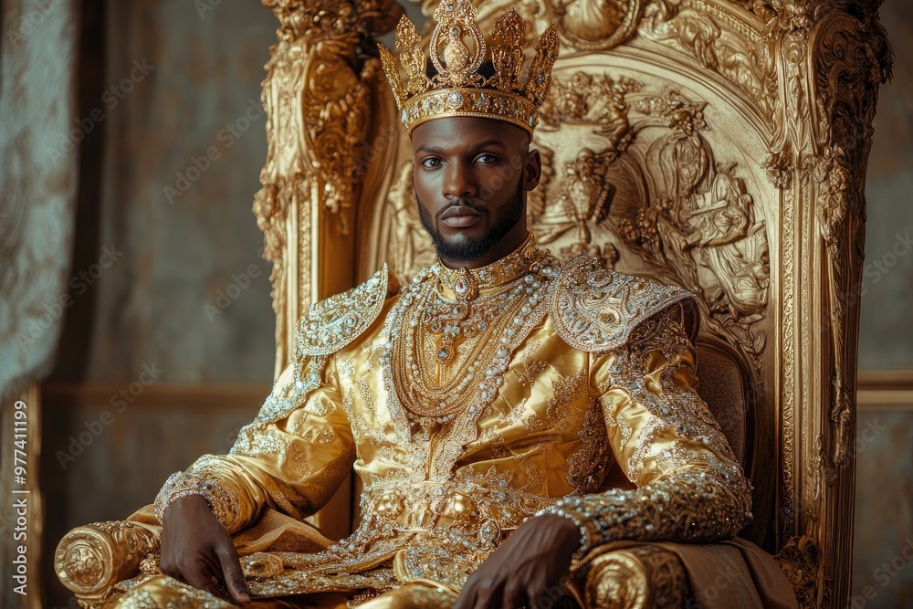 Handsome king sitting on a throne wearing luxury clothes and crown ...