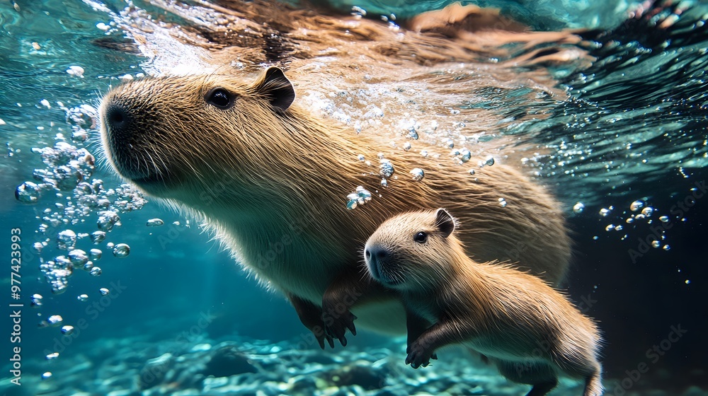 Mother capybara, swimming with her puppy in crystal clear water ...