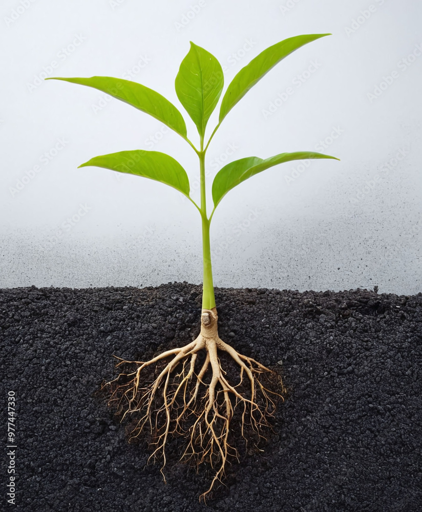 side view growing small green sprout that exposed upper and underground ...