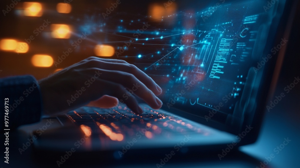 Hands typing on a sleek keyboard with a virtual assistant interface on ...