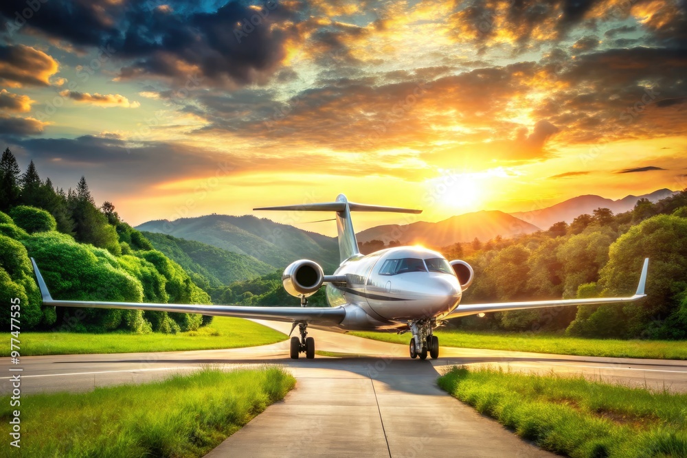 Luxurious private jet prepares for takeoff on a sun-kissed runway ...
