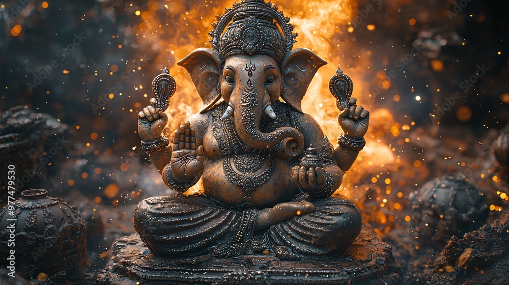 Design a 3D image of Ganesh seated on a cosmic swirl of stars and ...