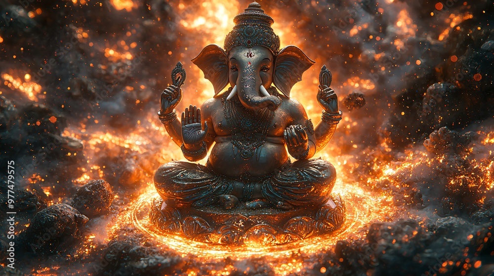 Design a 3D image of Ganesh seated on a cosmic swirl of stars and ...