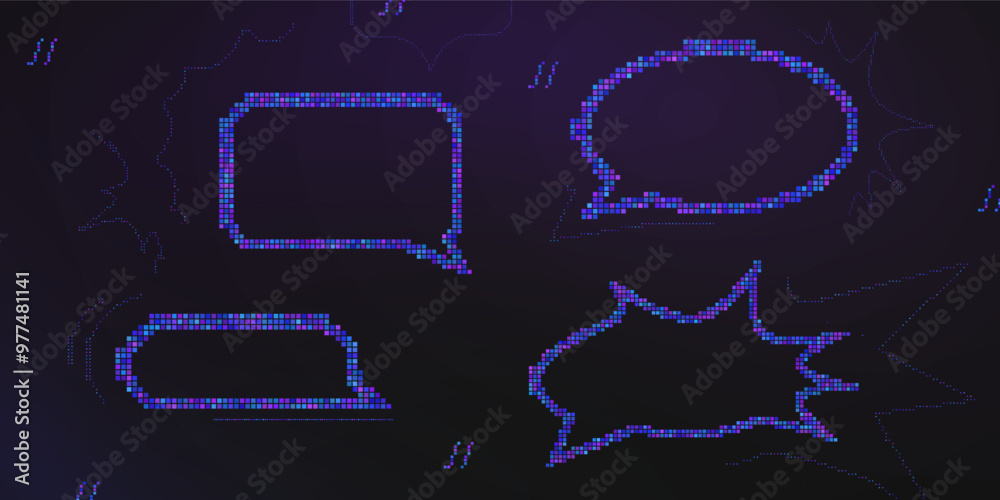 Pixel speech bubbles in 8-bit style. Set elements for retro game UI, chat messages, and pixel ...