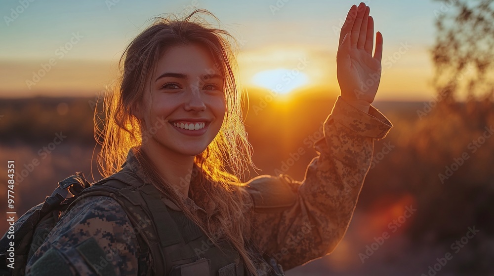 smiling female soldier at sunset, waving goodbye and capturing the ...