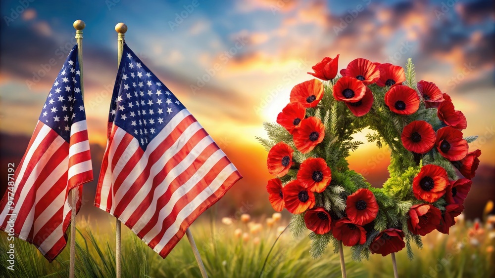 Patriotic background with American flags, poppies, and laurel wreath ...