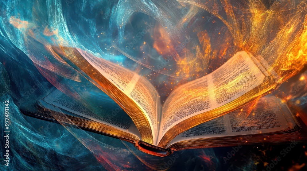Abstract art of Bible pages turning in the wind, glowing light ...