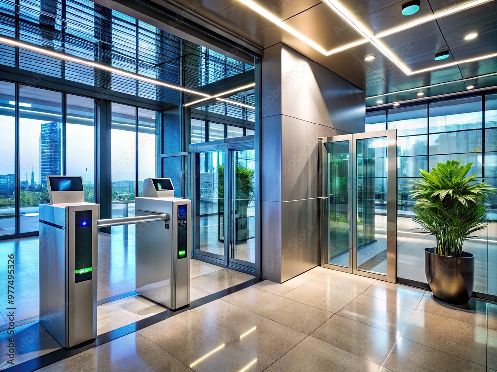Secure badge-scanning system at modern office entrance, granting ...