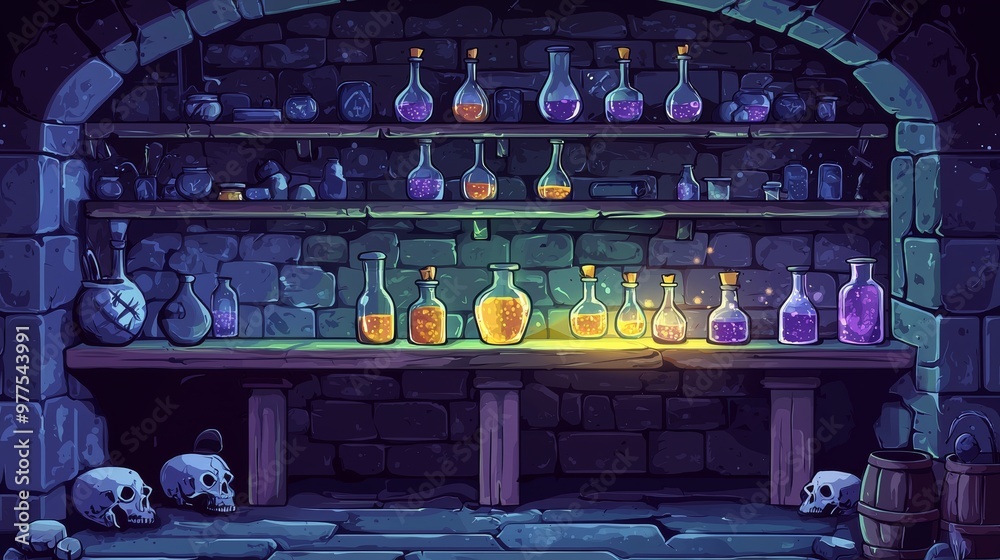 In an empty laboratory hideout, an alchemist works at a workbench ...