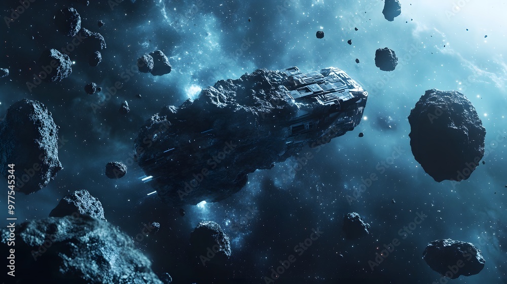 Asteroid and Spacecraft: A futuristic spacecraft navigating through a treacherous asteroid field ...