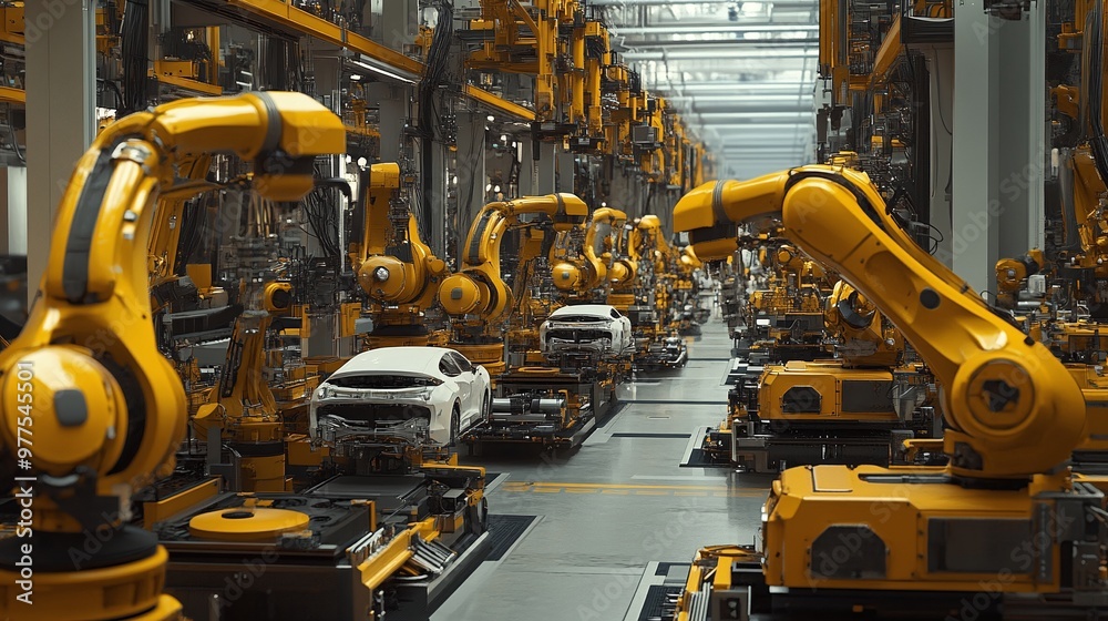 scene of an automotive factory with numerous yellow machines in ...