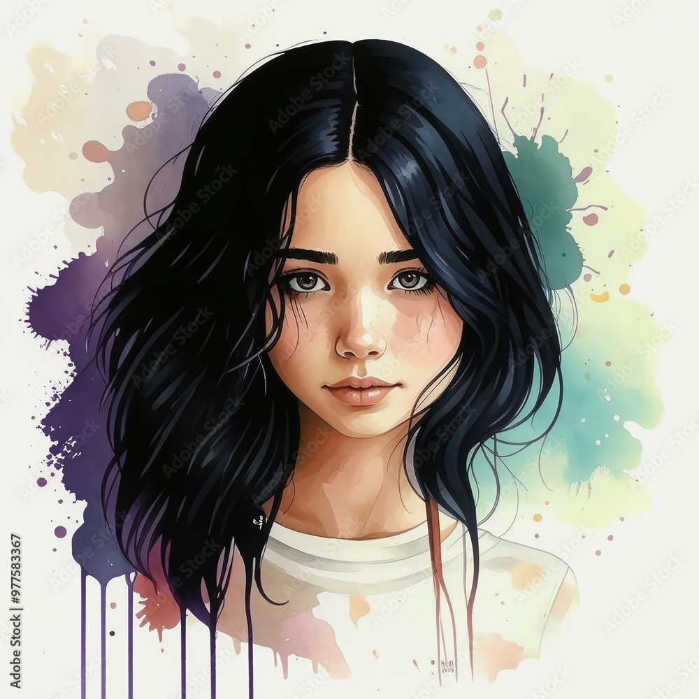 beautiful, young girl with long black hair, brunette. watercolor ...