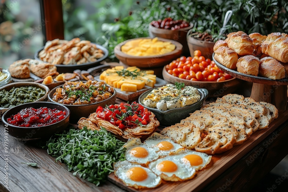 Brunch spread with a variet of dishes pastries. Village Breakfast with ...