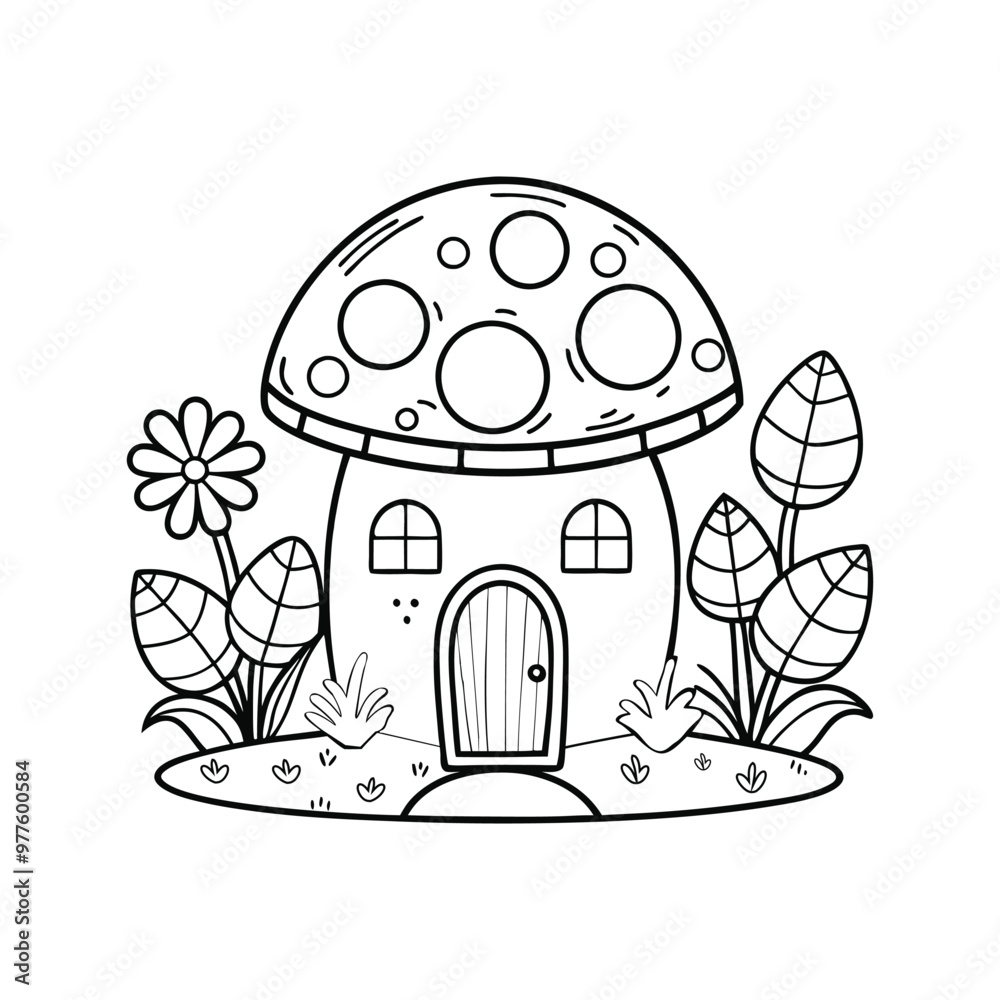 cute mushroom house coloring page for kids, kawaii coloring page, adult ...