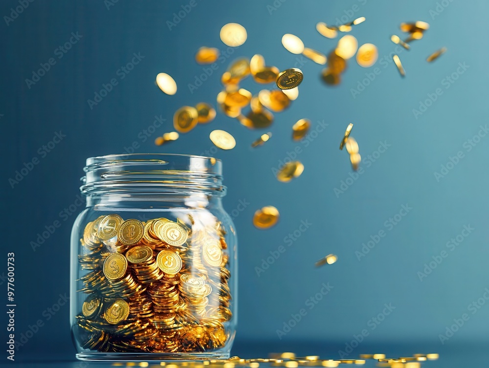 Rain of golden coins into an overflowing jar, representing financial ...