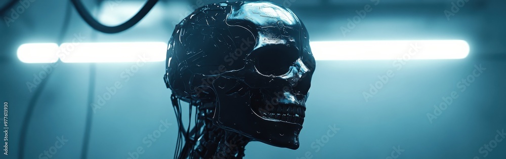 Sci-fi floating cyborg skull in futuristic lab with cables attached ...