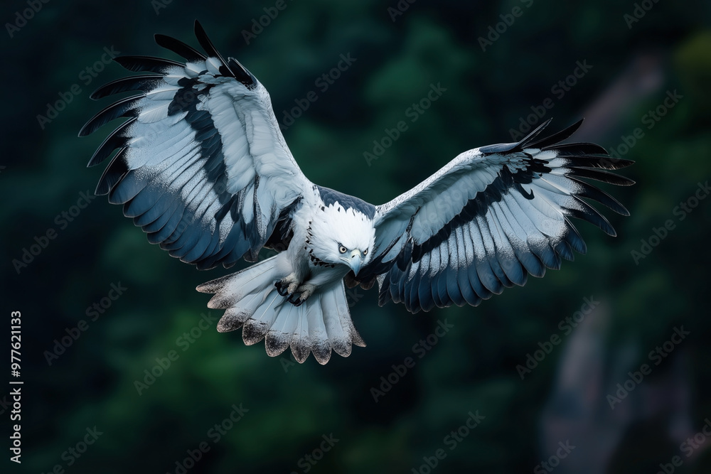 Image of a harpy eagle in flight with wings spread out and sharp talons visible. The bird's ...