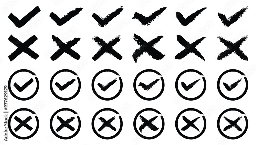 Grunge hand drawn brush strokes check mark and cross sign vector ...