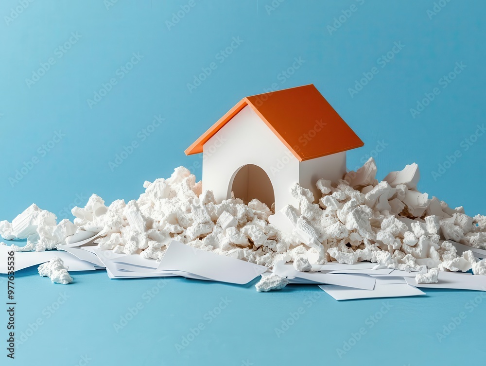 House crumbling like a sandcastle with loan papers scattered, mortgage ...