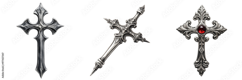 Set of silver cross with vampire-repellent design isolated on a ...
