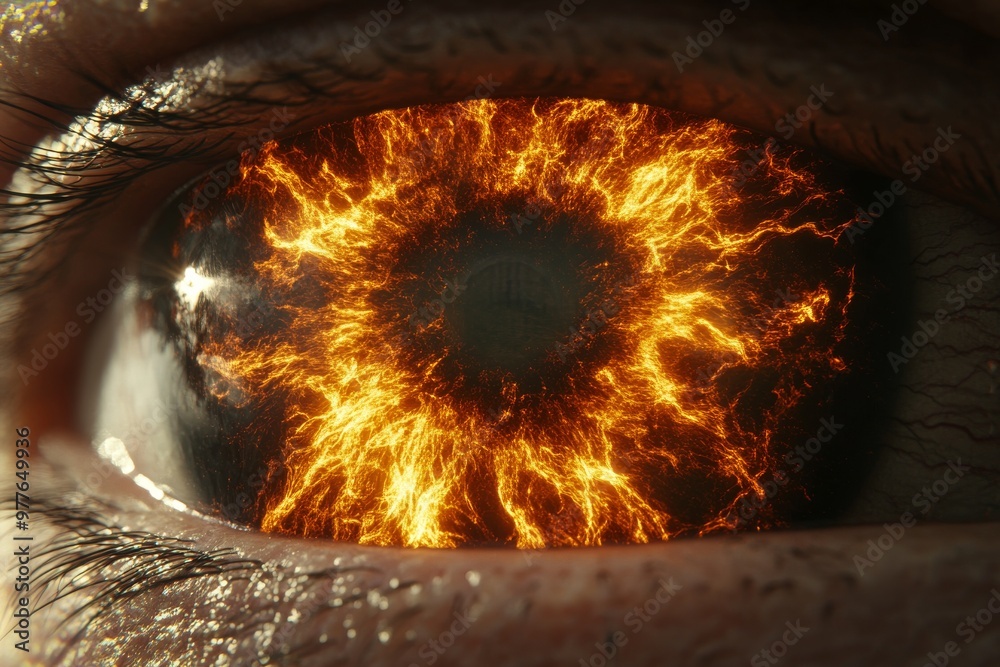 Fiery orange eye surrounded by glowing embers evoking imagery of power ...